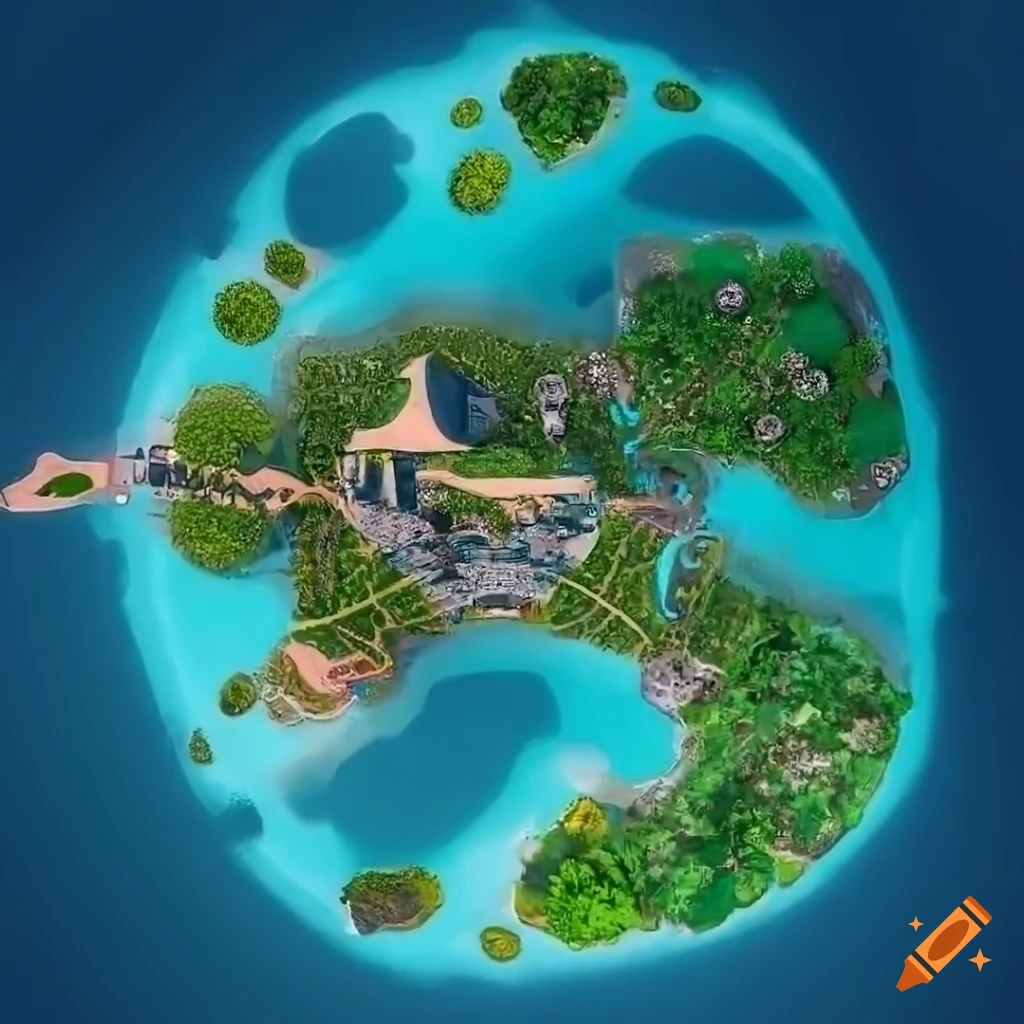 Top down view of a tropical island with a futuristic shopping mall on ...