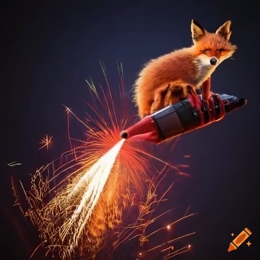 Fox riding a firework rocket on Craiyon