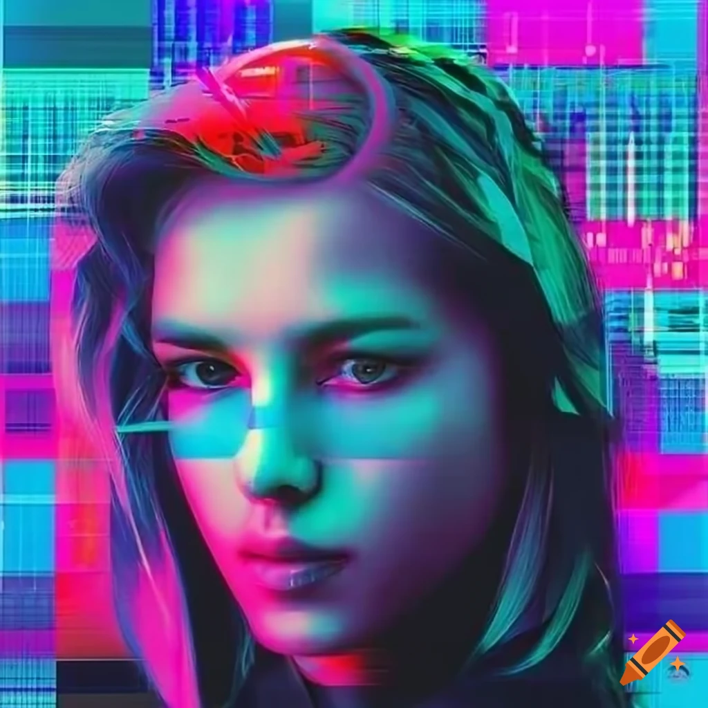 Young woman with colorful glitch art in Boolean algebra style on Craiyon