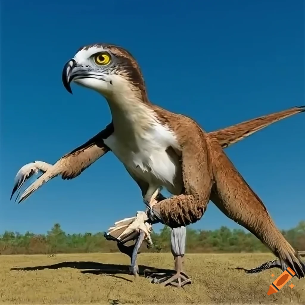 Feathered utahraptor with osprey-like colors in full body view on Craiyon
