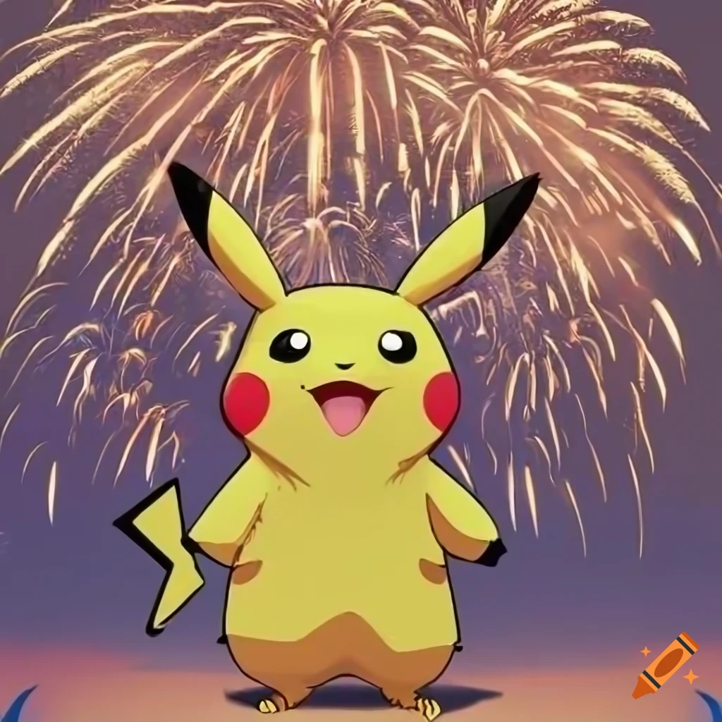 Cartoon pikachu celebrating new year with fireworks on Craiyon