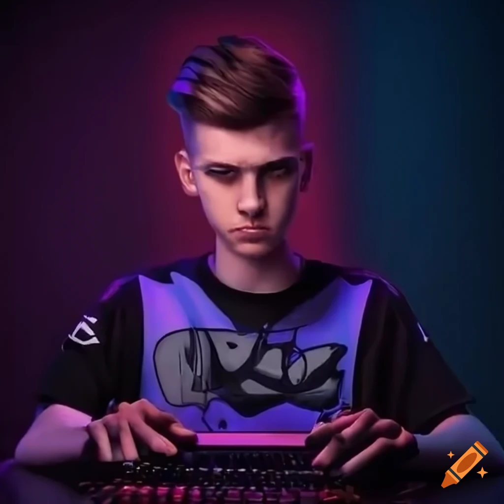 Gamer in faze clan shirt at gaming computer on Craiyon