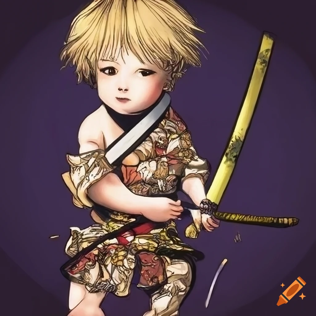 Chubby blonde baby boy with a samurai sword in the style of Yoshitaka ...