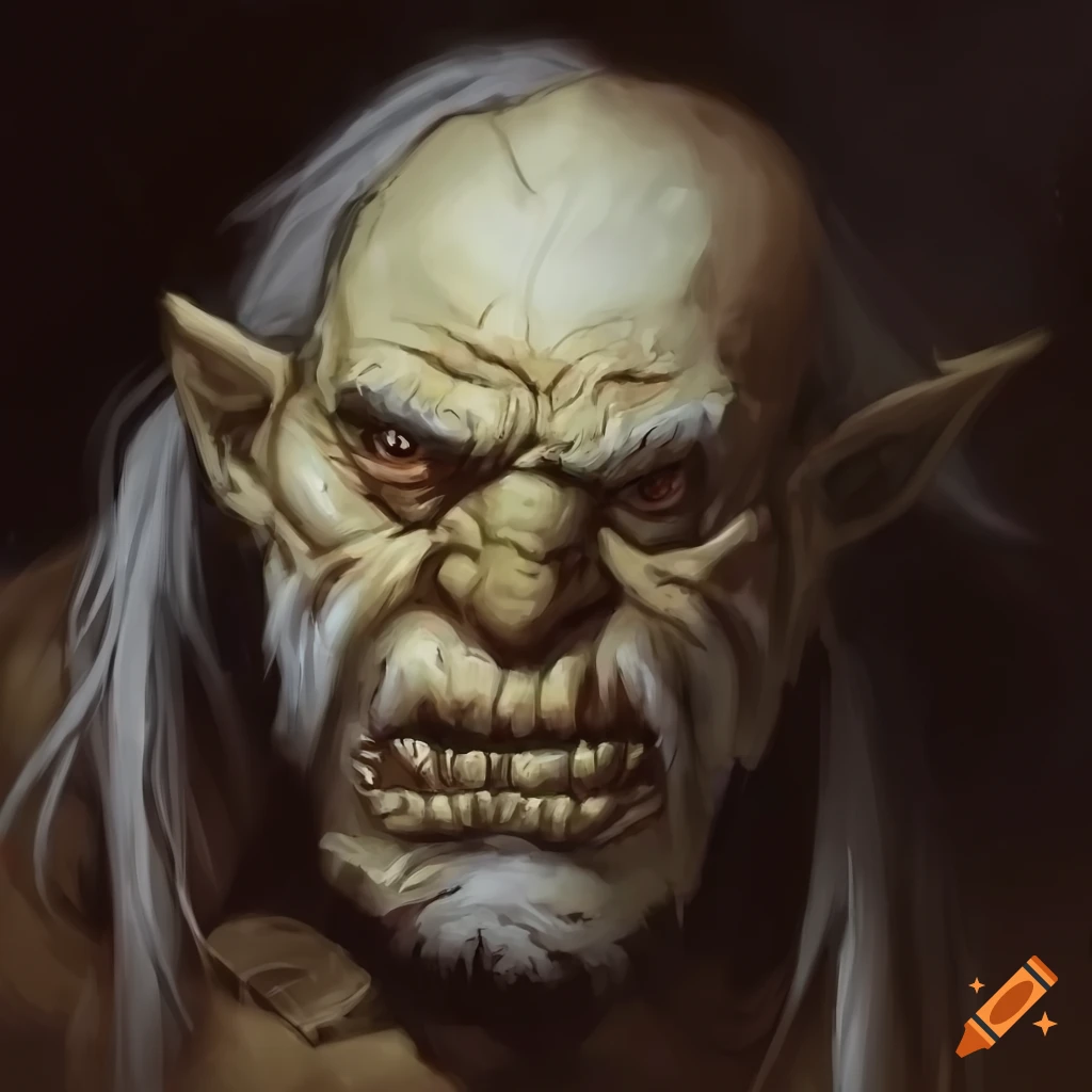 Portrait of a warhammer orc with detailed face and long white hair in ...