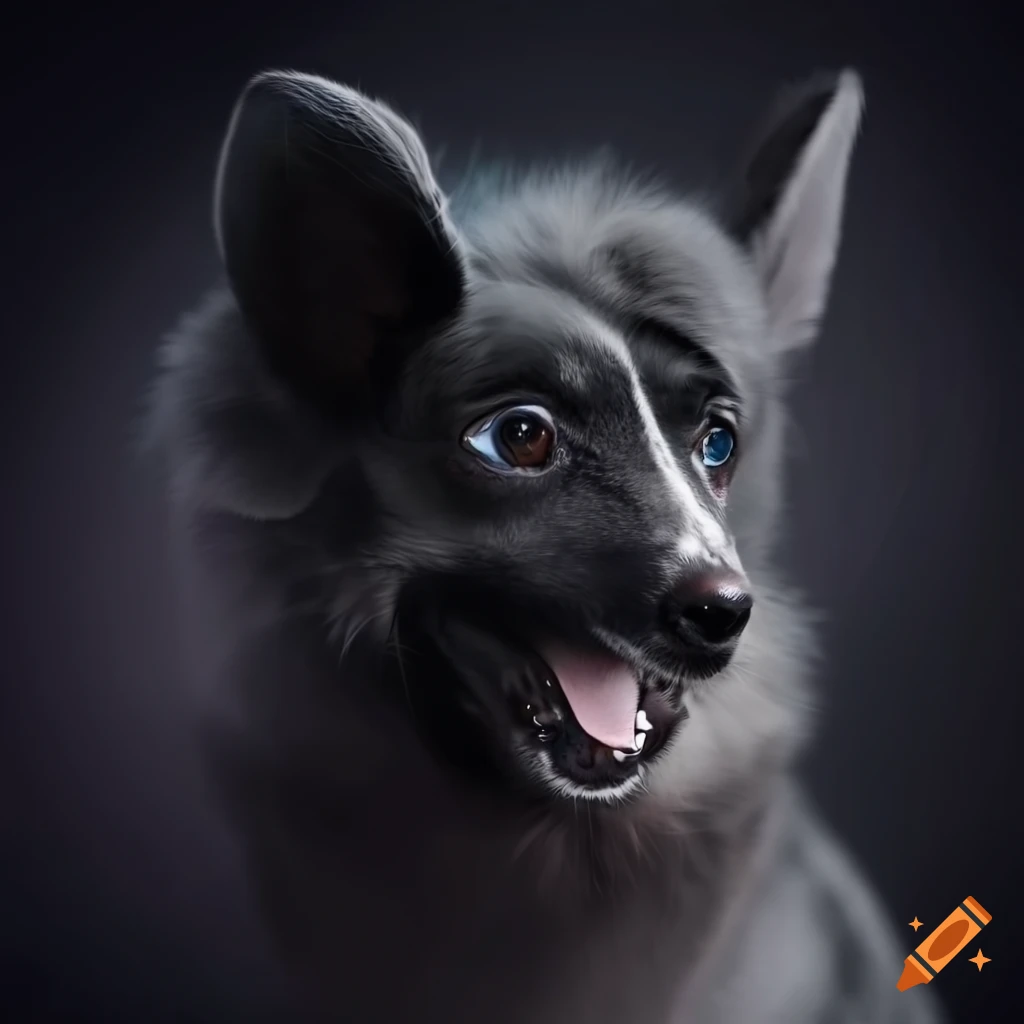 Human with gray fluffy fur, dog face, big ears, and bat wings on Craiyon