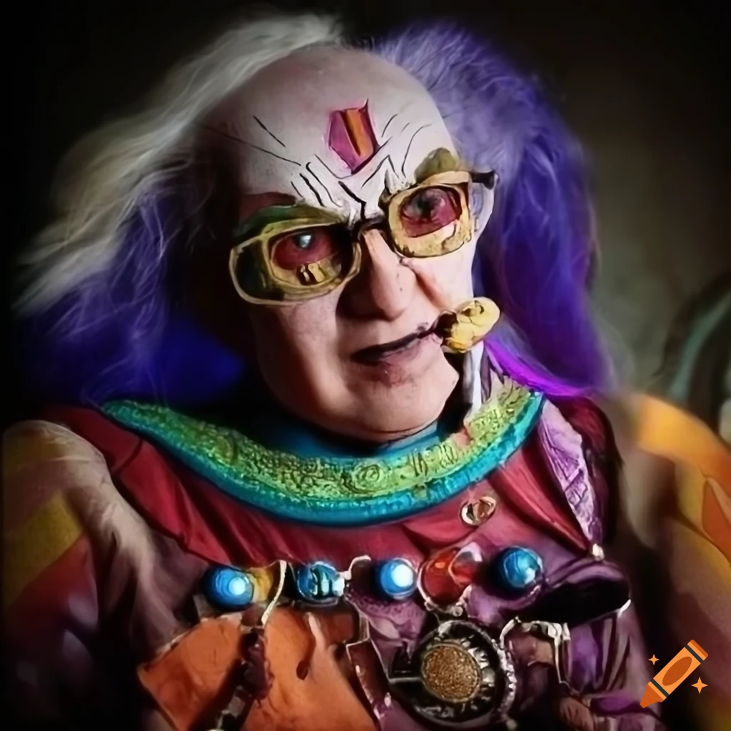 Sci-fi fantasy cosplay character with intricate jewelry and futuristic ...