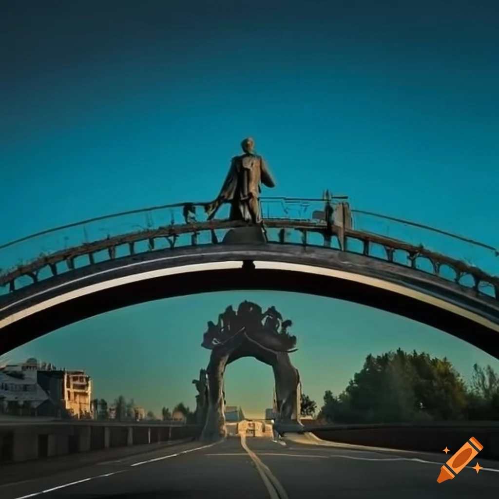 Pedestrian overpass over a highway with ornamental maple leaf iron ...