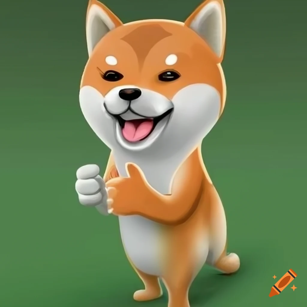Cartoony shiba inu with thumb pointing up on grass on Craiyon