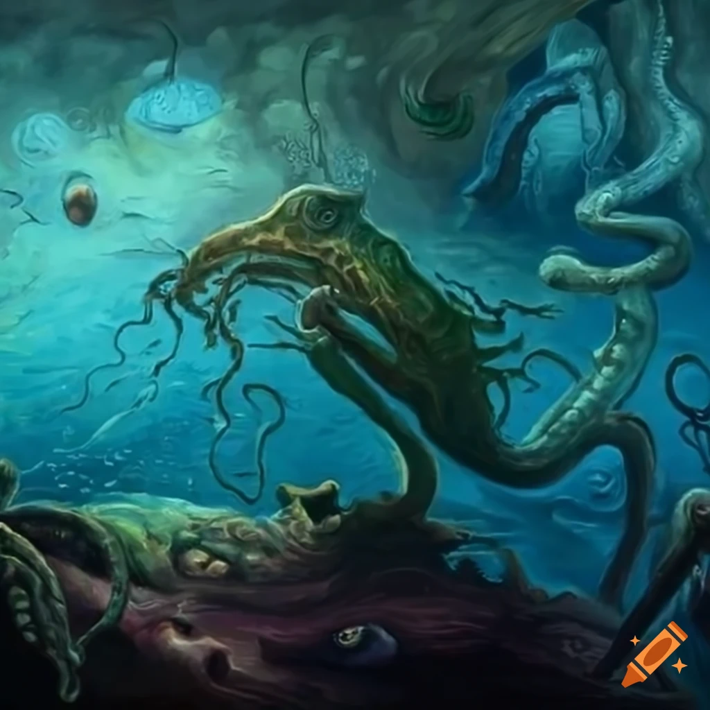 Renaissance style painting of lovecraftian monsters chasing spongebob ...
