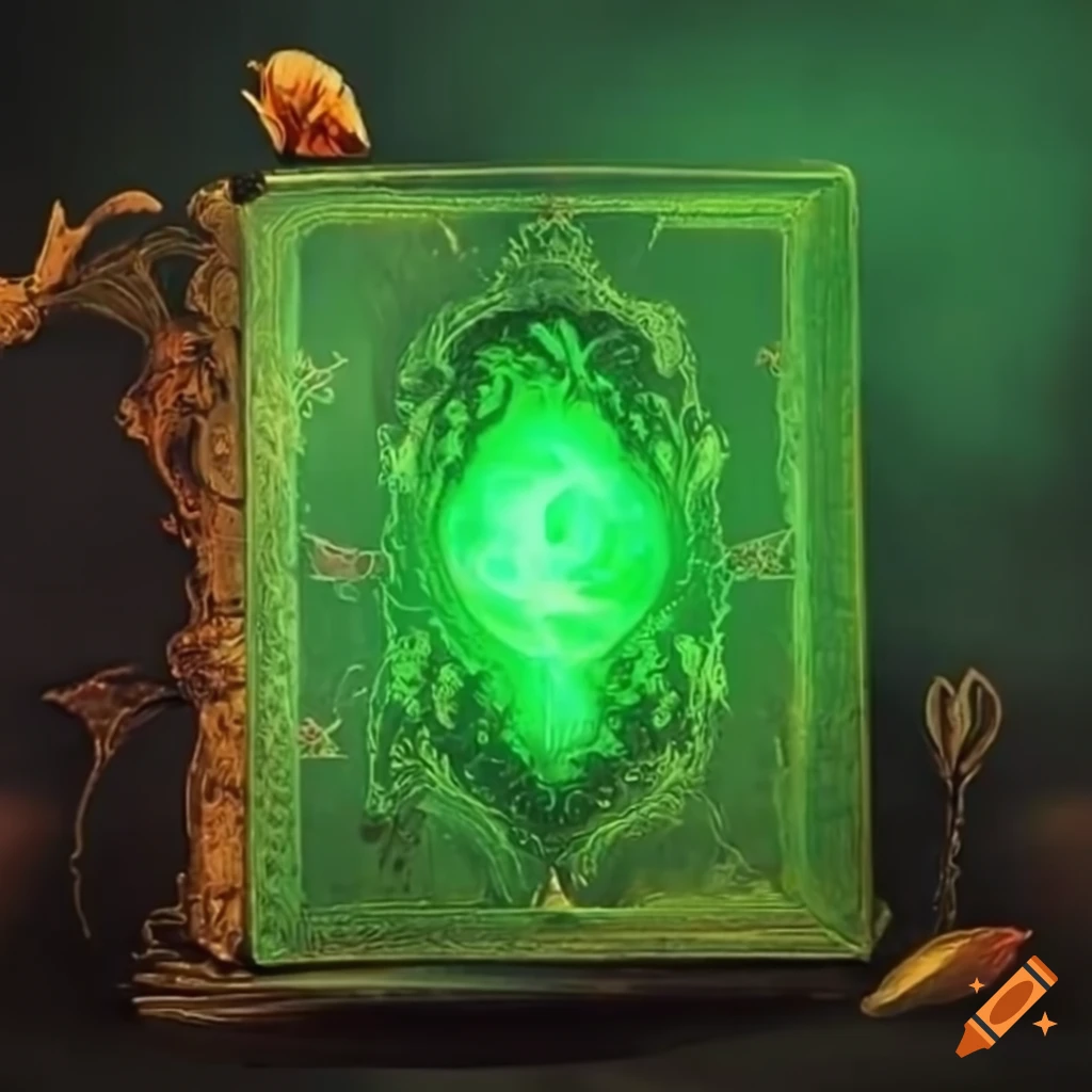 Fantasy magic tome book on a black background with green glow on Craiyon