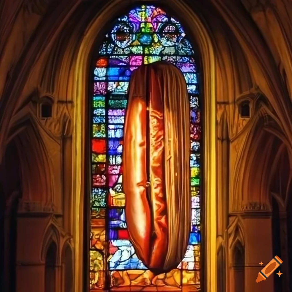 Stained glass hot dog in a cathedral window on Craiyon