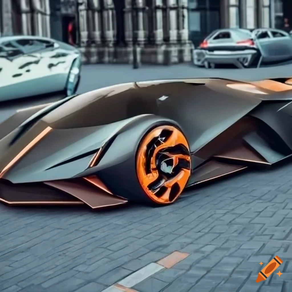 Futuristic concept car in black, dark grey, and orange in a city ...