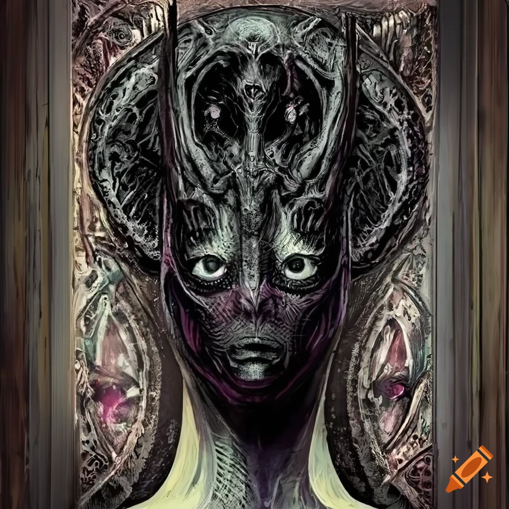 Gothic illustration of an alien queen as framed wall art on Craiyon