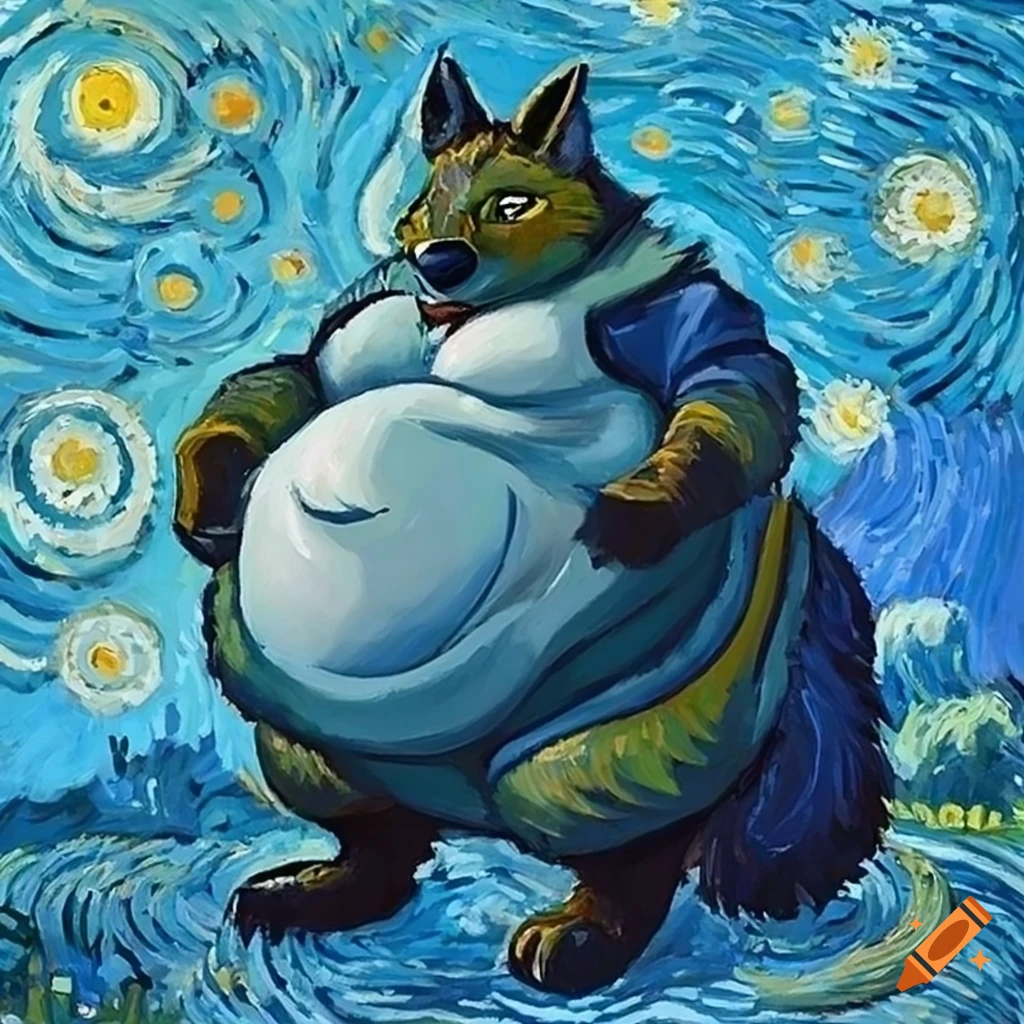 Round-bellied blue wolf in a furry art style on Craiyon