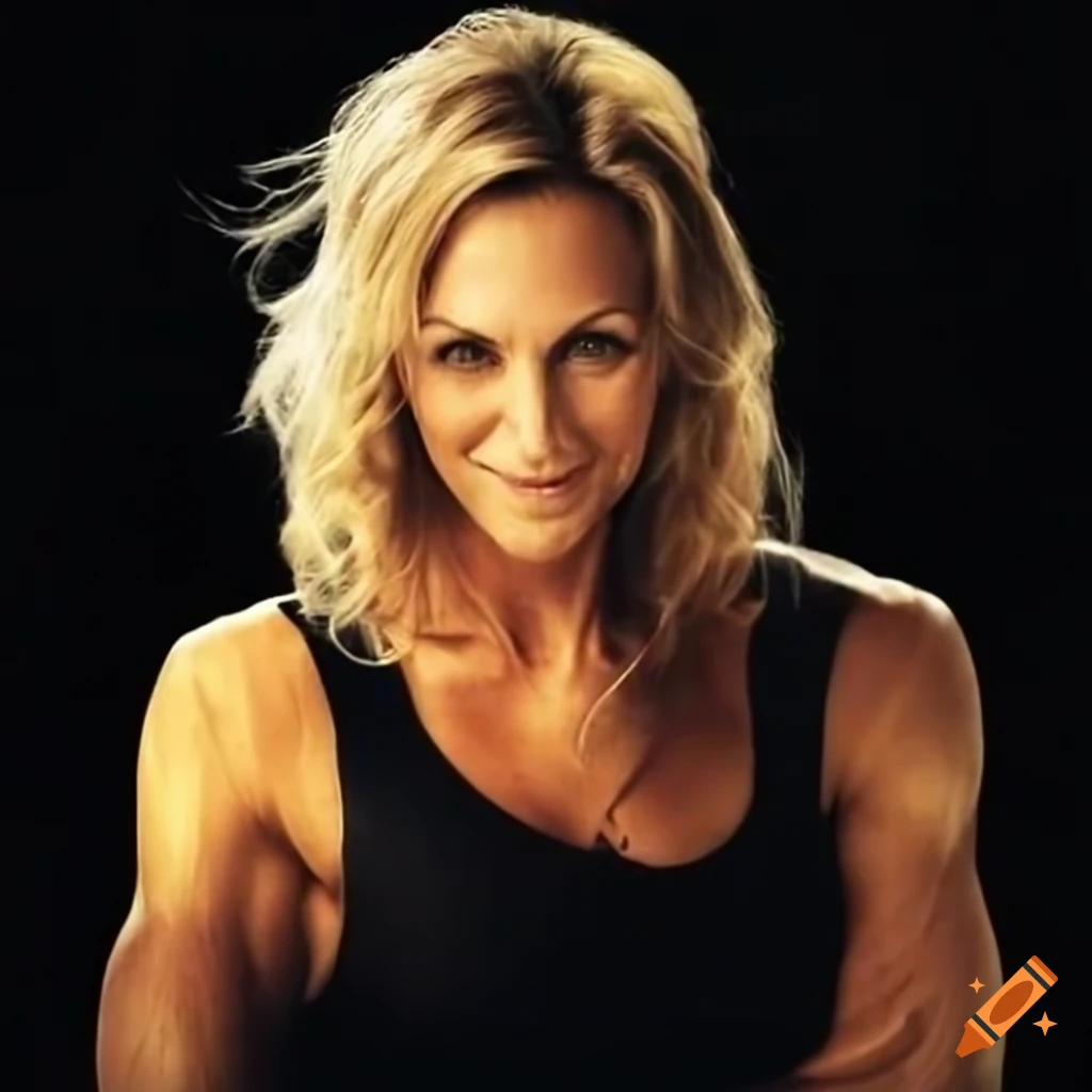 Actress/Bodybuilder Stacy Haiduk smiling and flexing on Craiyon