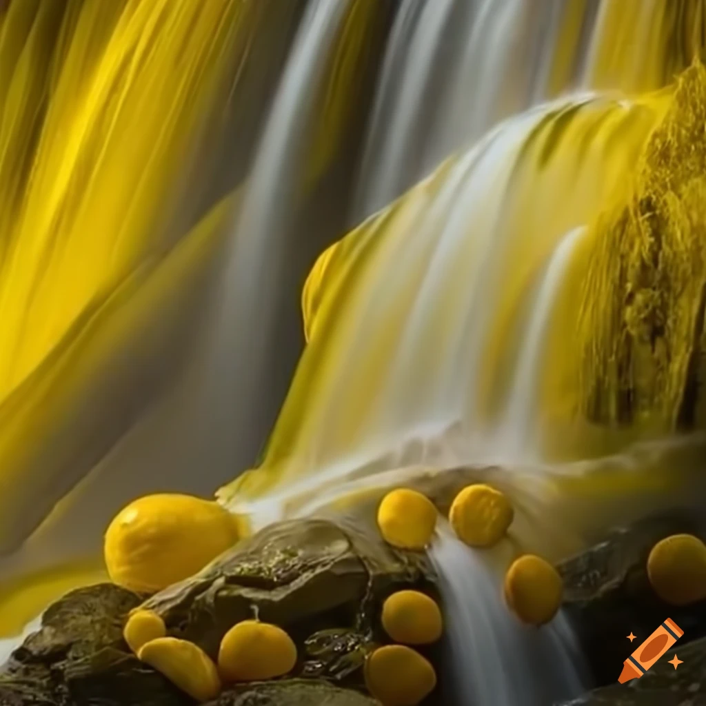 Yellow waterfall with lemons cascading down on Craiyon