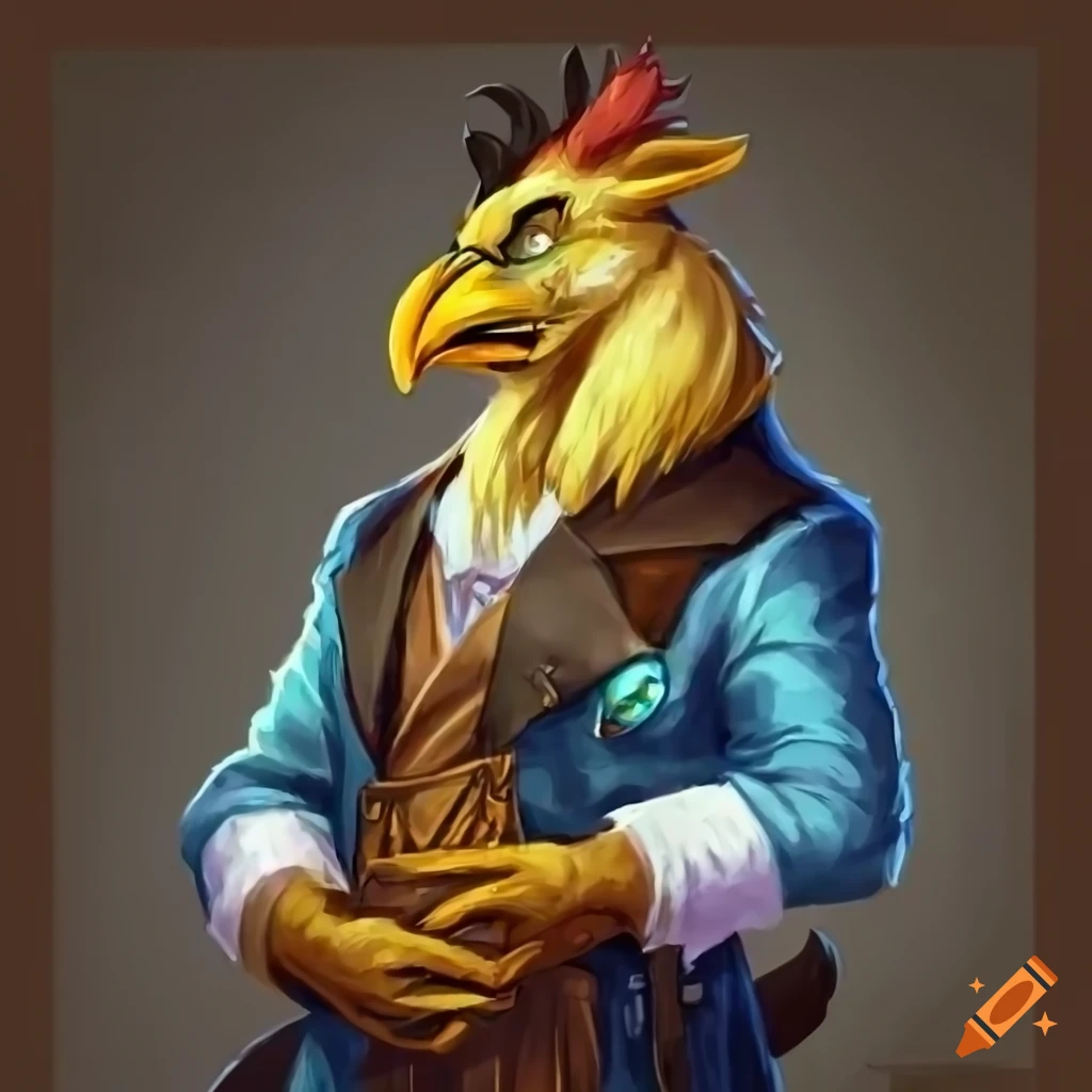 Anthropomorphic grumpy rooster librarian in a detailed library setting ...