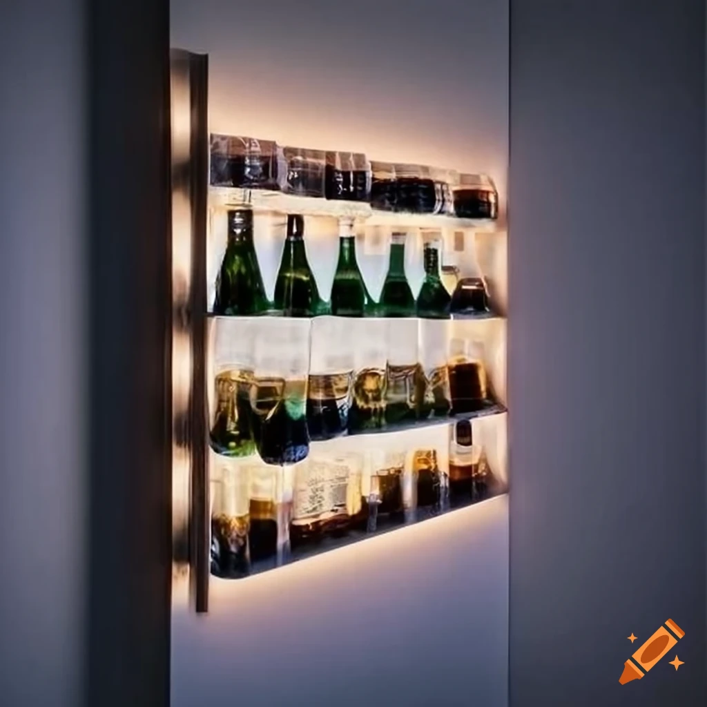 Wooden shelves for alcohol on a light gray wall with led light on Craiyon