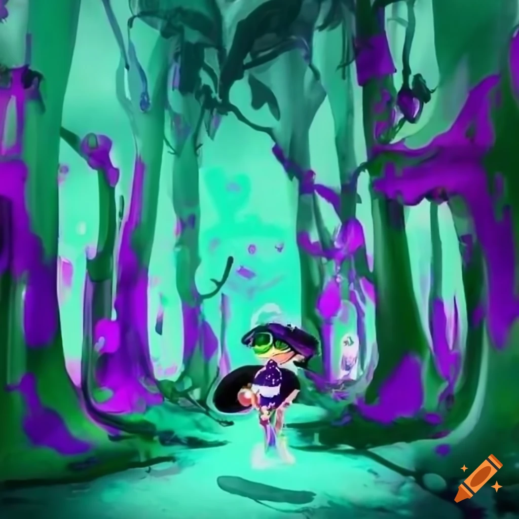 Splatoon character in a teal forest with trees covered in purple ink on ...