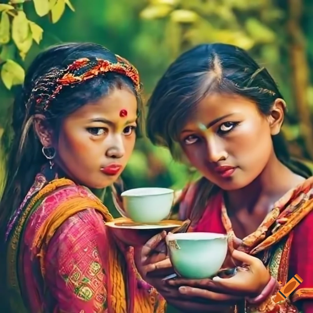 Nepali girls enjoying tea in a garden on Craiyon