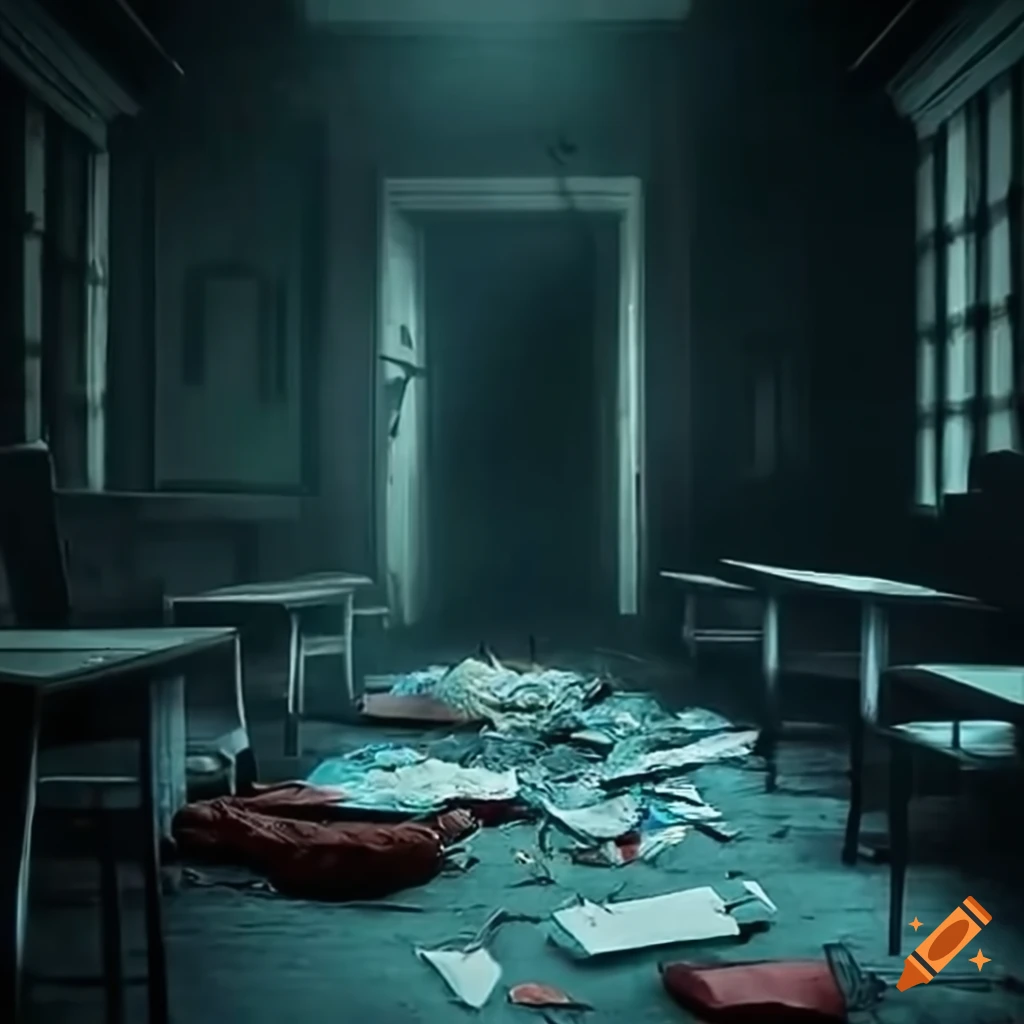 Dark classroom with papers strewn about, after a storm on Craiyon