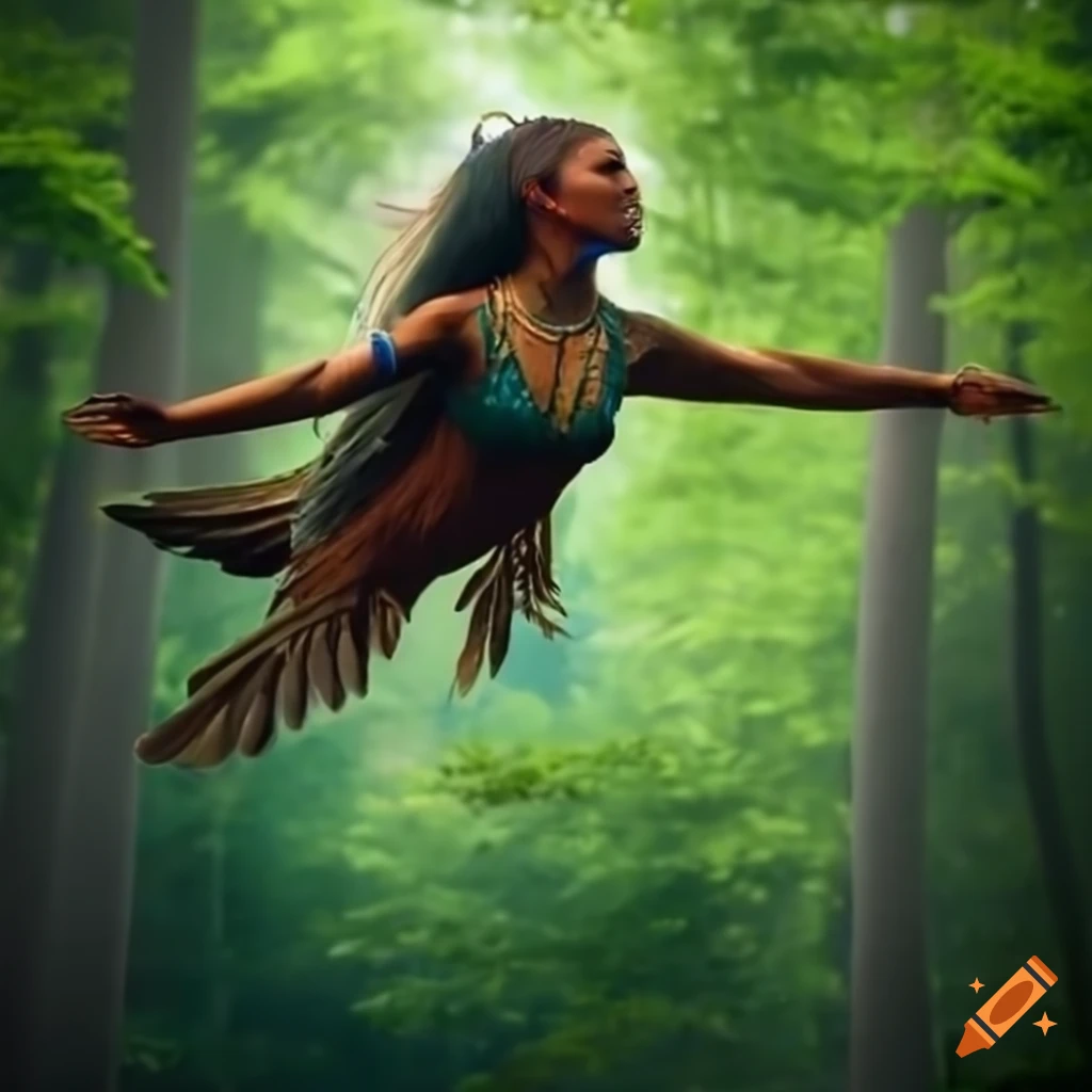 Cree indian spirit flying in a green forest on Craiyon