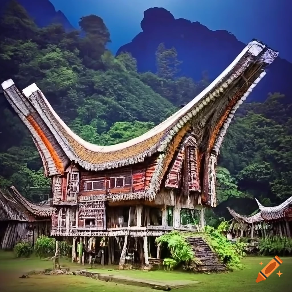 Traditional Toraja house 'tongkonan' in the dusk atmosphere on Craiyon