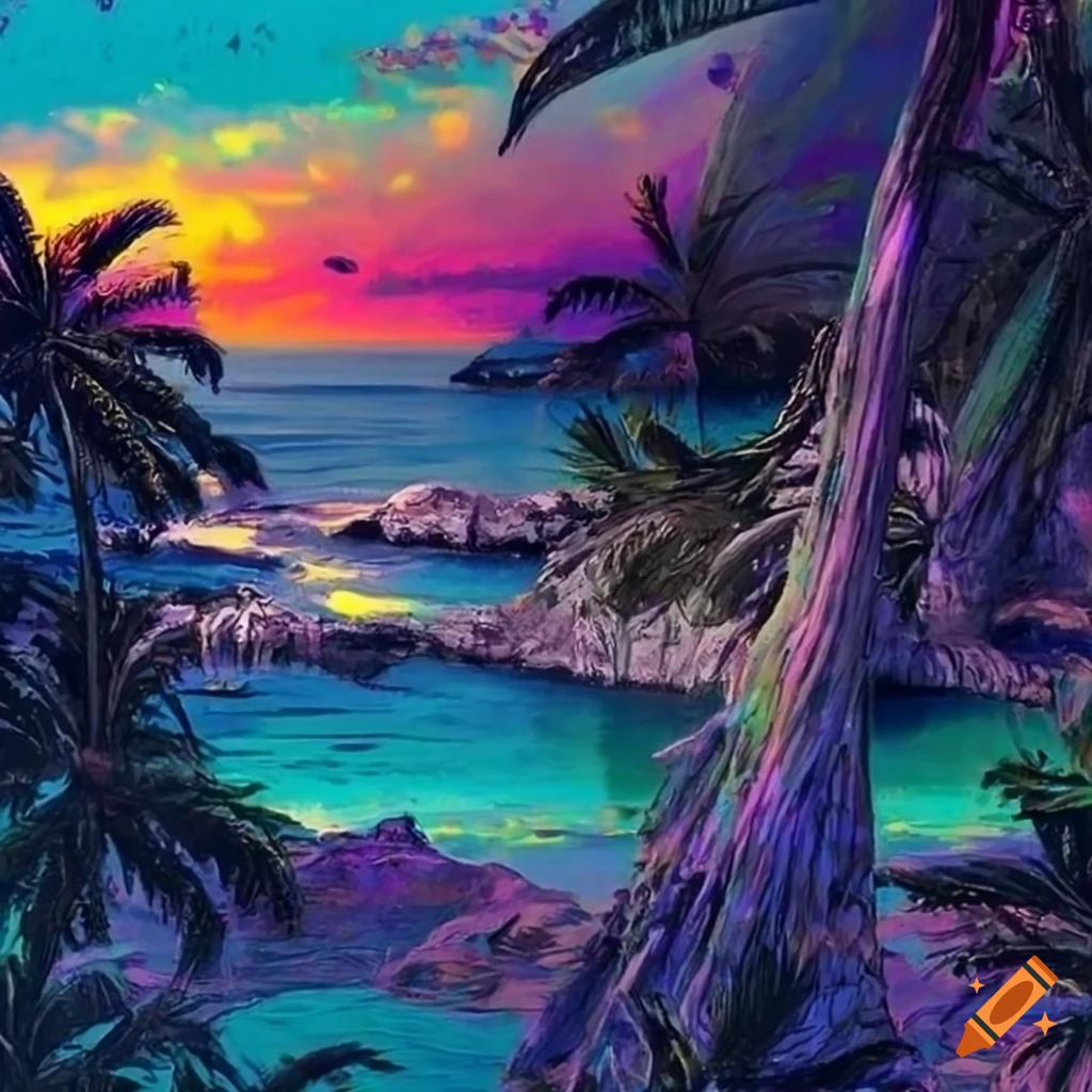 Exceptional vivid coastal landscape with tropical elements from graphic ...