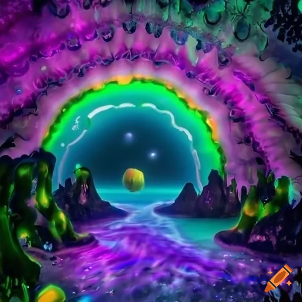 Alien Planet with glowing rivers, mystical statues, deep-sea wonders ...