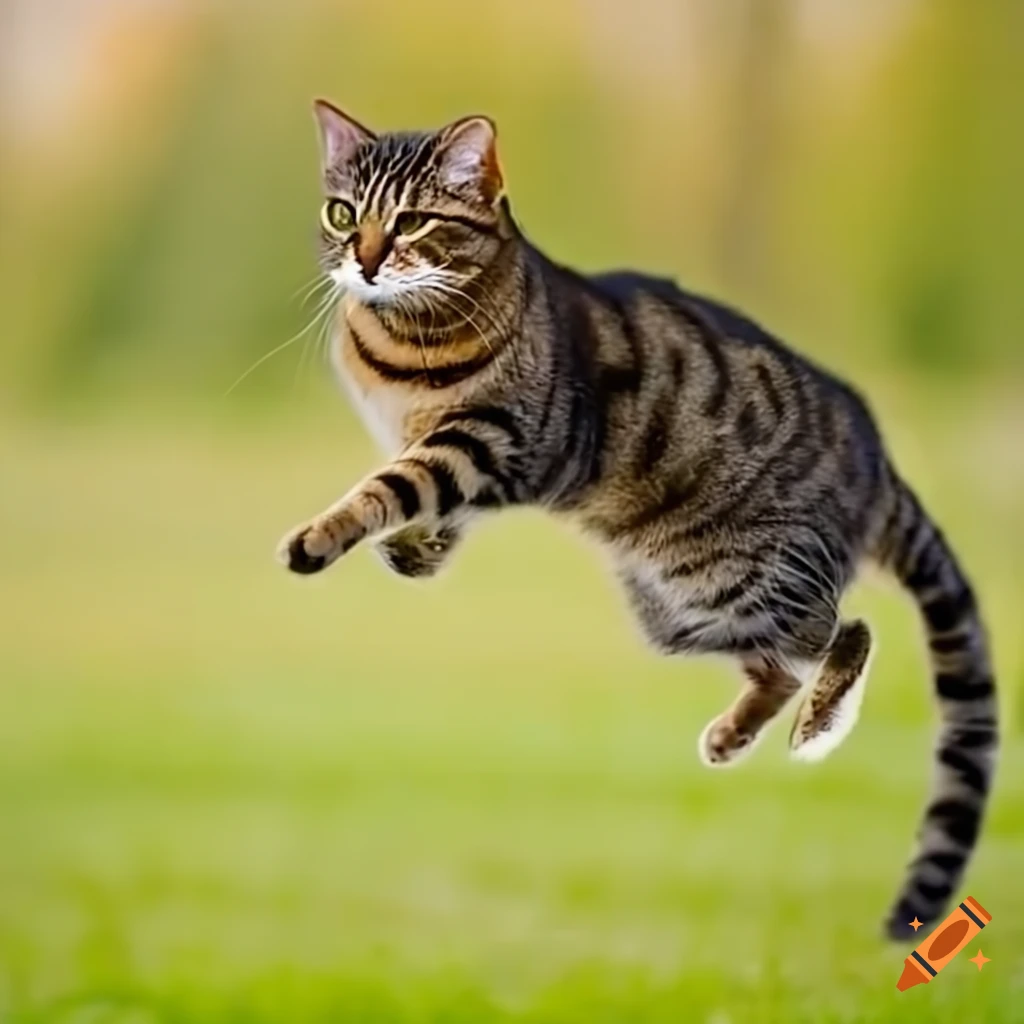 Tabby cat athletically jumping on Craiyon