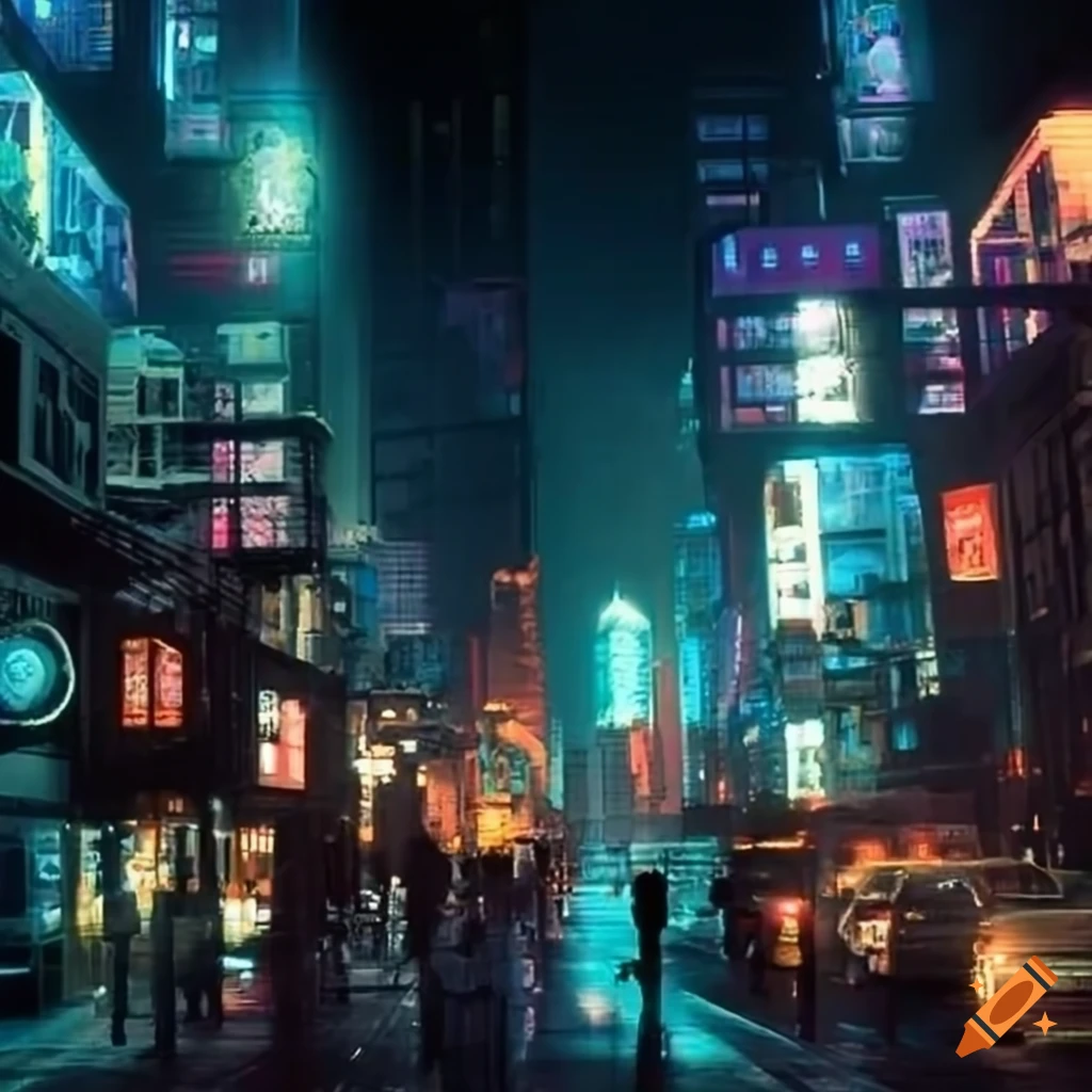 Crowded street in a blade runner style city at night on Craiyon