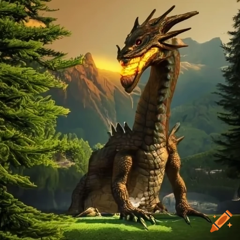 European dragon with bronze scales and glowing eyes at an idyllic ...