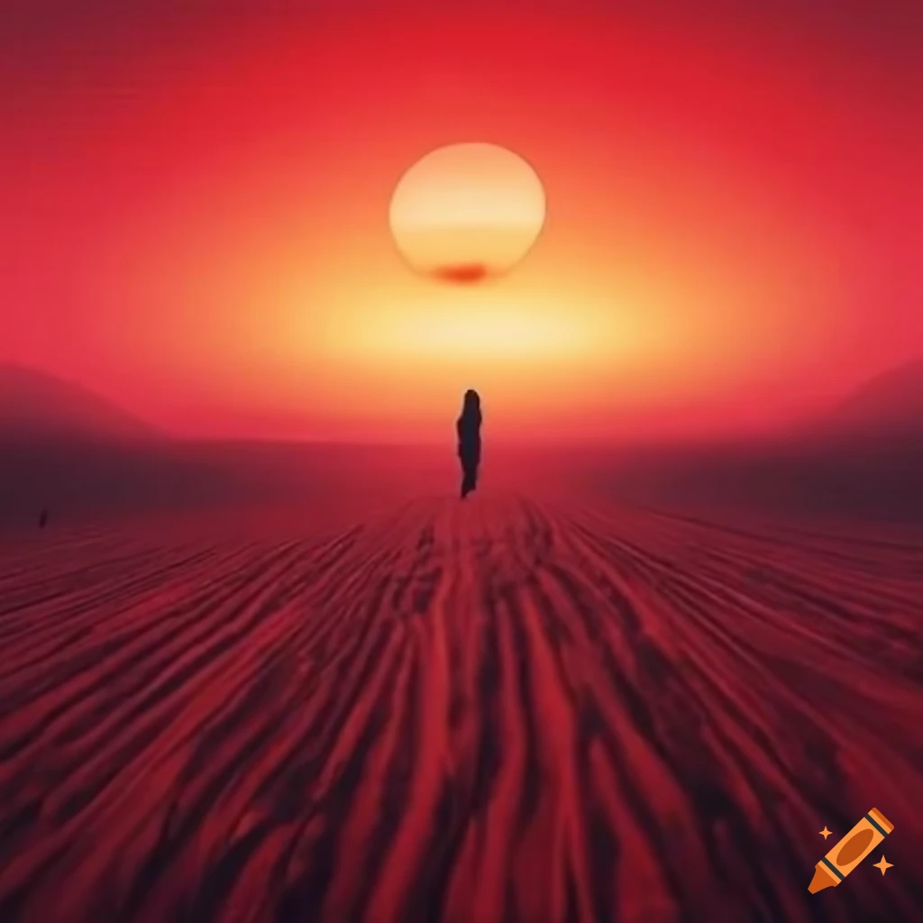 Red sun dawn over a field with a figure standing in the middle on Craiyon