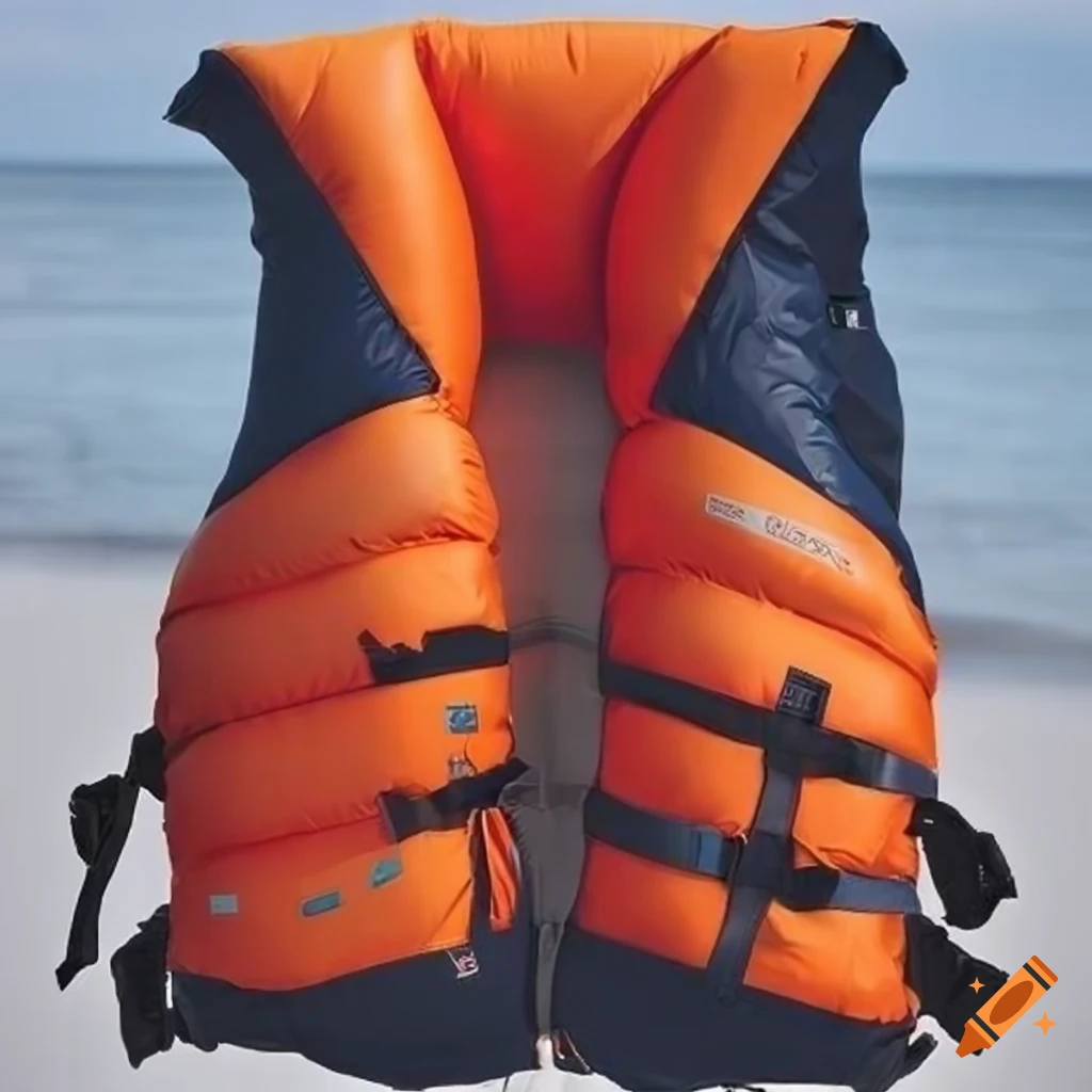Man wearing lifejacket and down jacket with inflatable on Craiyon