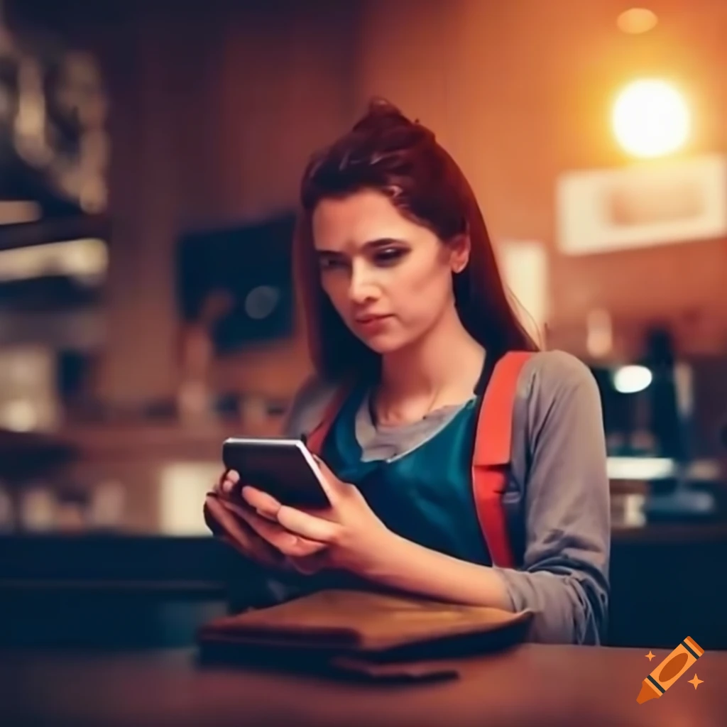 Busy worker scrolling through phone at a coffee shop on Craiyon