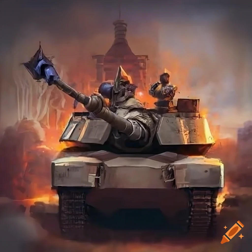 Fantasy paladin riding into battle in an m1 abrams tank on Craiyon