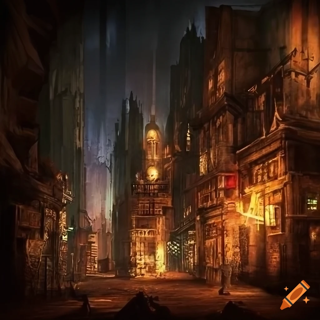 Cityscape with underground steampunk neon lights in a fantasy setting ...