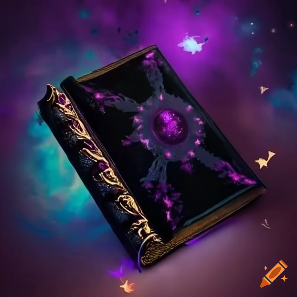 Fantasy magic tome book with violet glow on black background on Craiyon