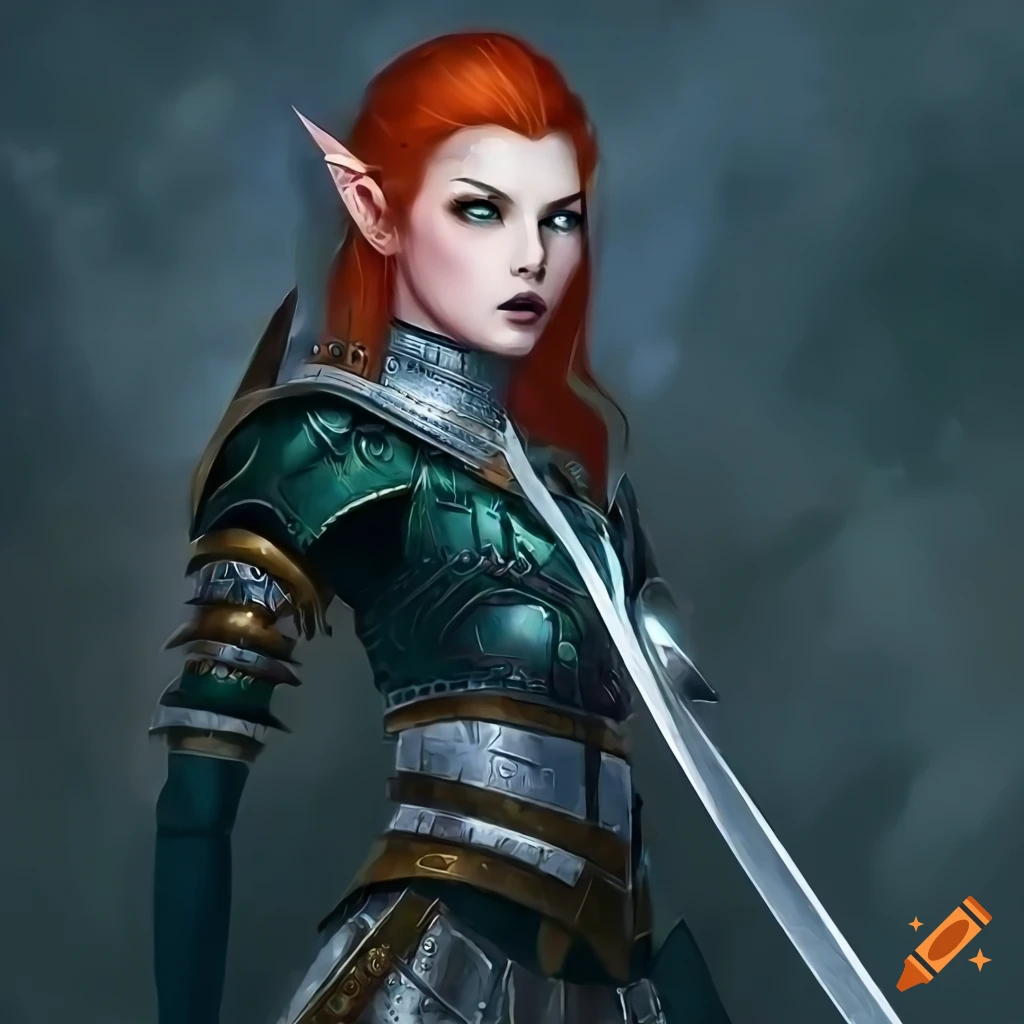 Stunning red-haired elf in armor with a short sword in a mystical ...