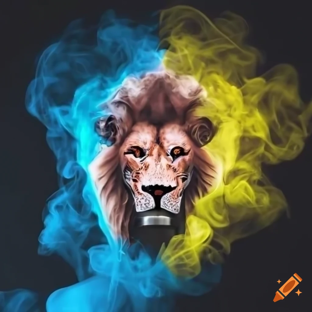 Lion vaping with ukrainian flag colored smoke in gaming style on Craiyon