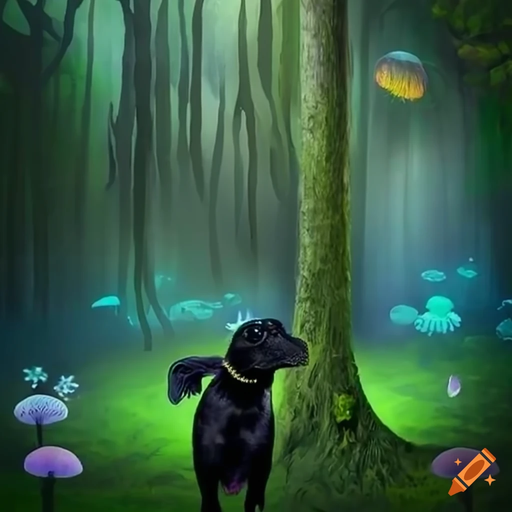 Magical forest realm with a majestic black labrador retriever, towering ...