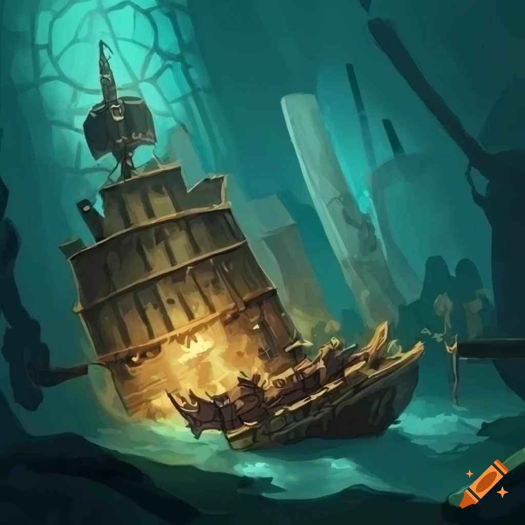 Ttrpg art of a magic item shop inside a sunken ship on Craiyon