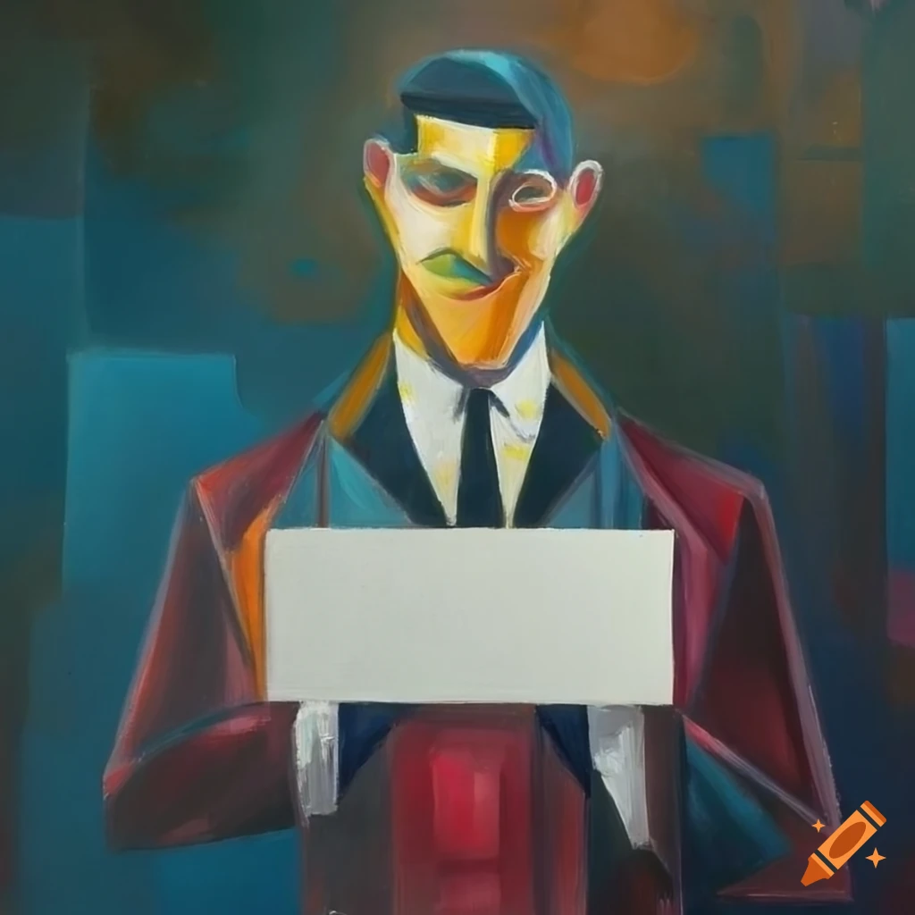 Cubist style painting of a butler holding a sign on Craiyon
