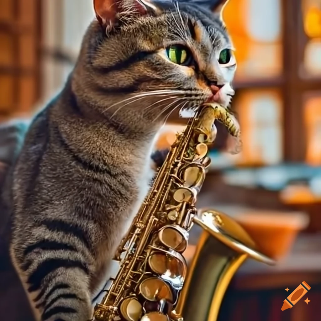Cat playing saxophone at marchfelderhof restaurant on Craiyon
