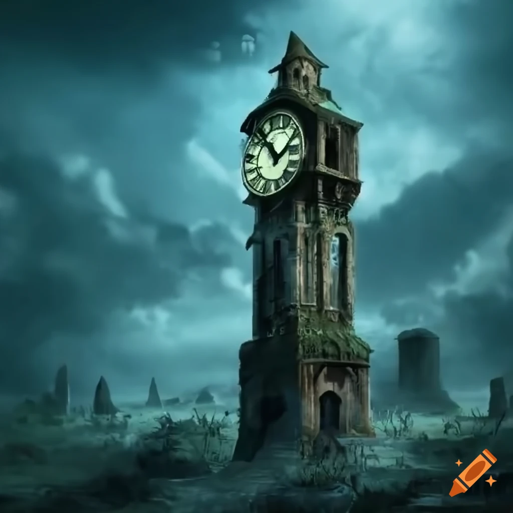 Ruined abandoned fantasy clock tower on Craiyon