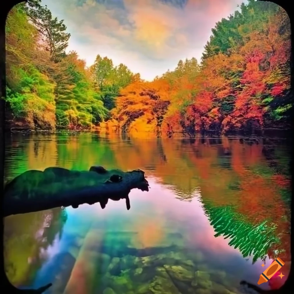 Golden hour in the forest with a saltwater lake fed by a mountain river ...