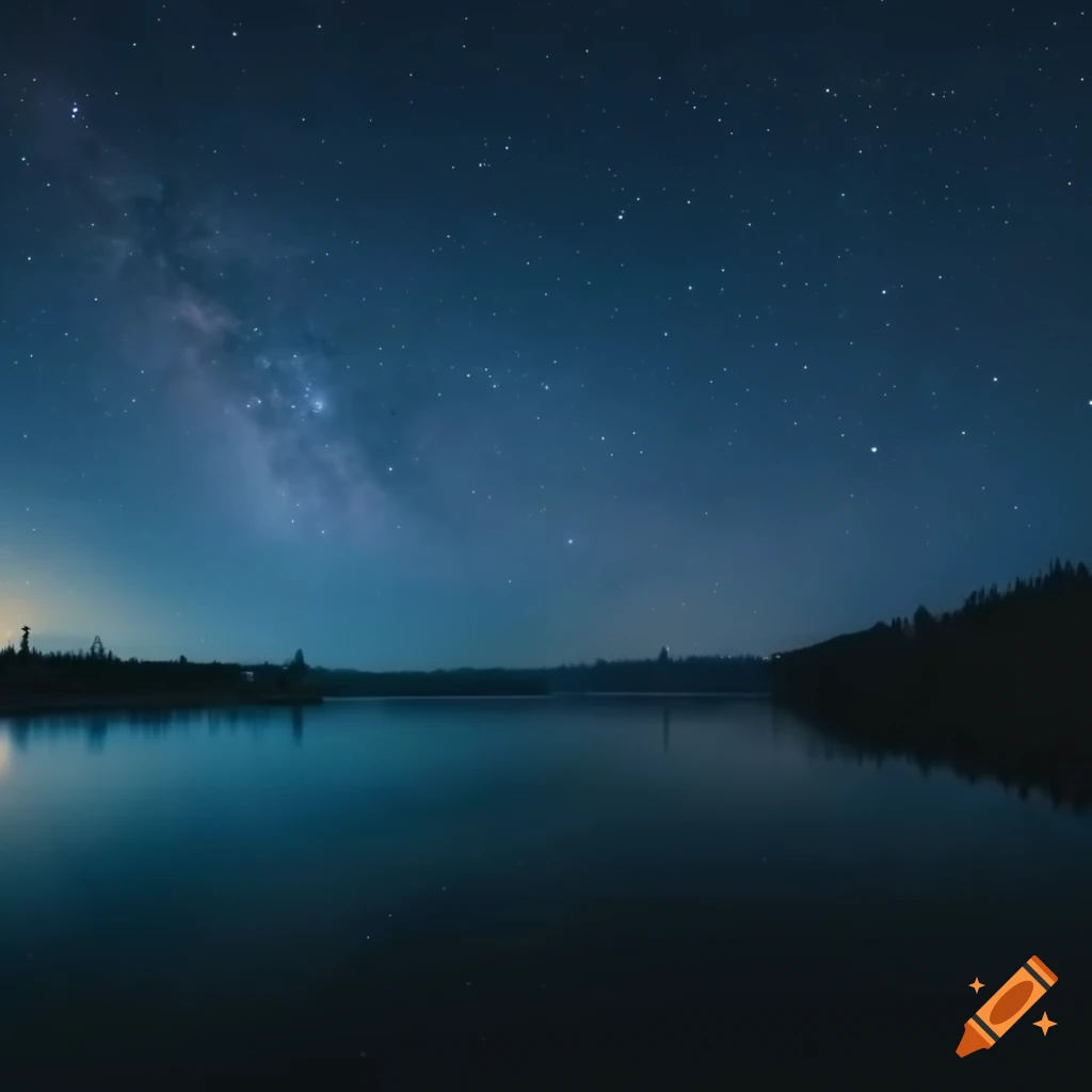 Nighttime view of a lake with starry sky and galaxy on Craiyon