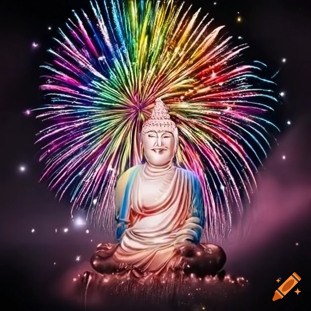 Colorful fireworks over a smiling buddha statue in high density ...