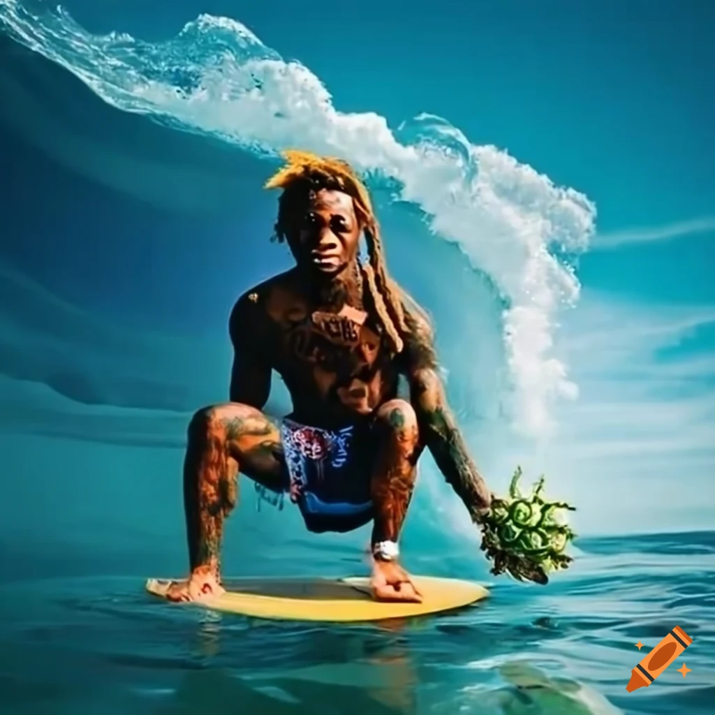 Rapper lil wayne surfing in ocean with a pineapple and wearing a jersey ...