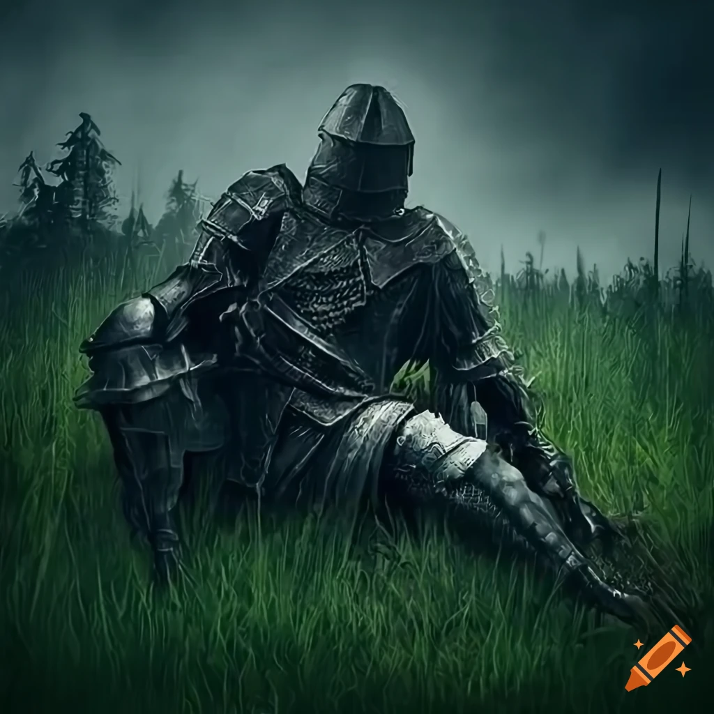 Medieval knight sitting in a field of grass under the rain, looking ...